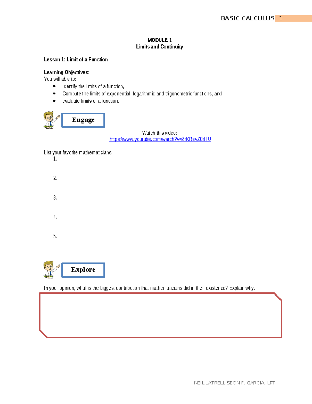 Basic Calculus Module 1 Final - ####### MODULE 1 ####### Limits and ...