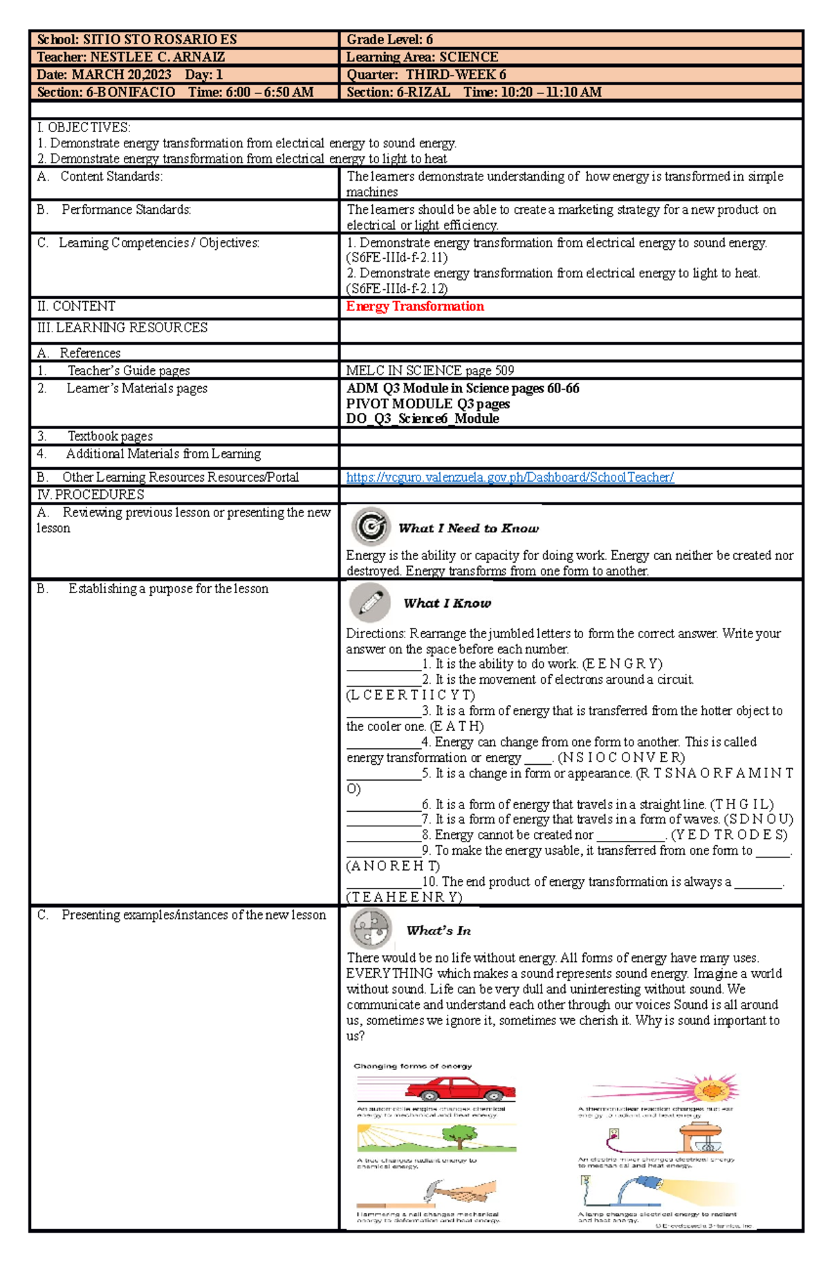 WEEK 6 - DLP IN SCIENCE 4 QUARTER 3 WEEK 6 - School: SITIO STO ROSARIO ...