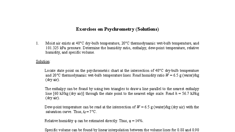 Psychrometry Exercises and Solutions (Course Code: Plsprint 1) - Studocu