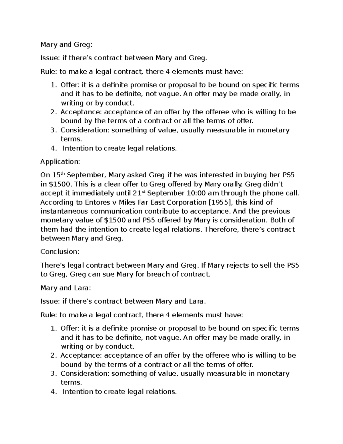 Legal Contracts Analysis: Mary, Greg & Lara - 2903 - Studocu