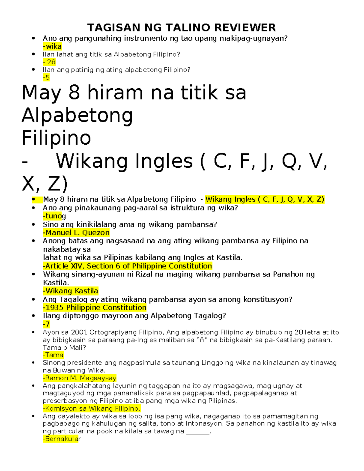 Tagisan ng Talino Reviewer: Filipino Language & History Insights - Studocu