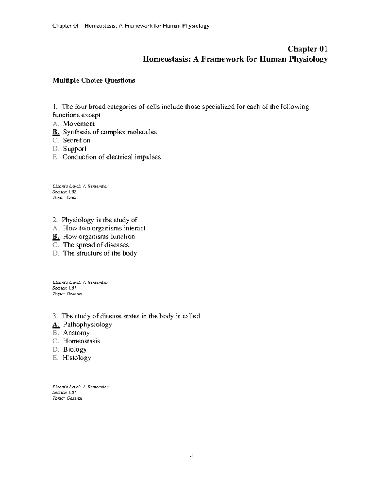 Chap001 - testbanks for first chapter - Chapter 01 Homeostasis: A ...