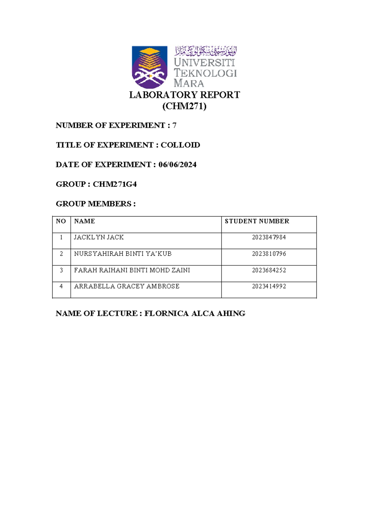 Laboratory Report on Colloid Experiment 7 (CHM271) - Studocu