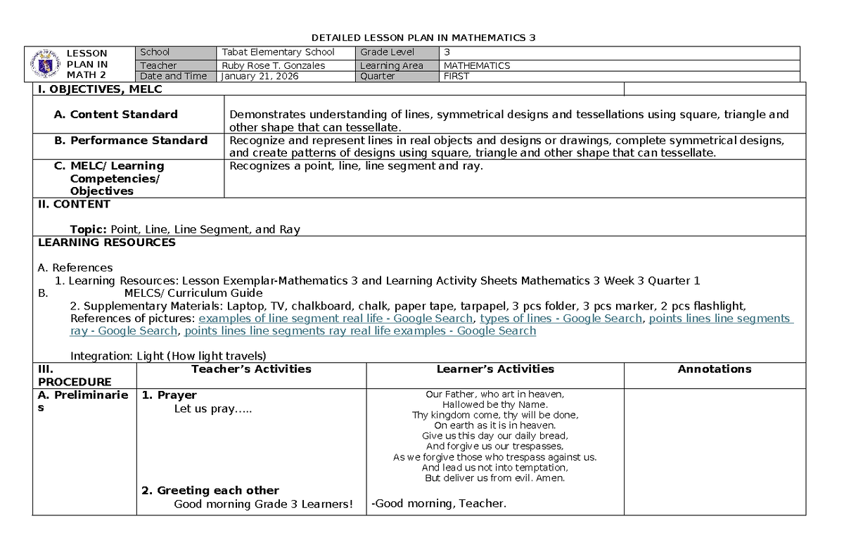Detailed Lesson Plan in Mathematics 3: Points, Lines, and Rays - Studocu