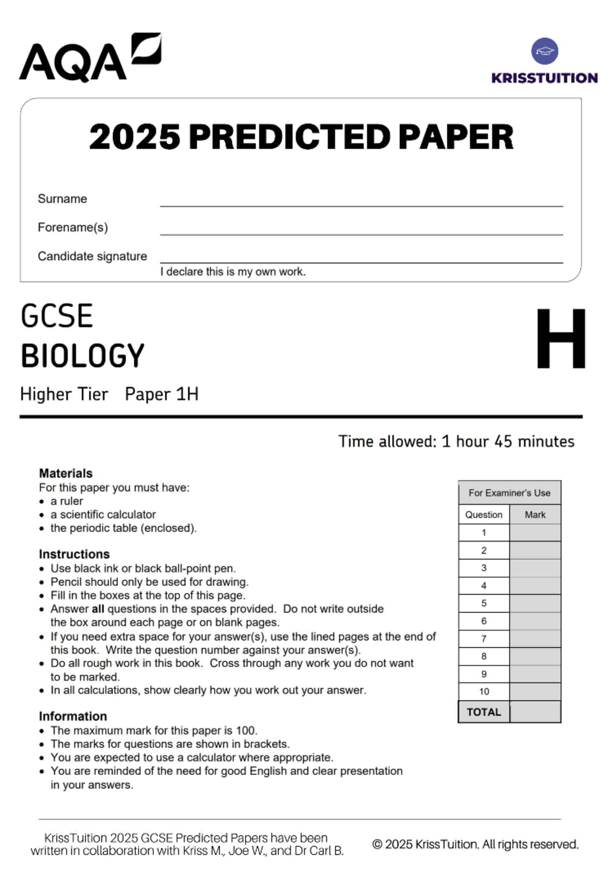 2025 AQA Triple Biology H: Cell Structure & Function Study Guide - Studocu