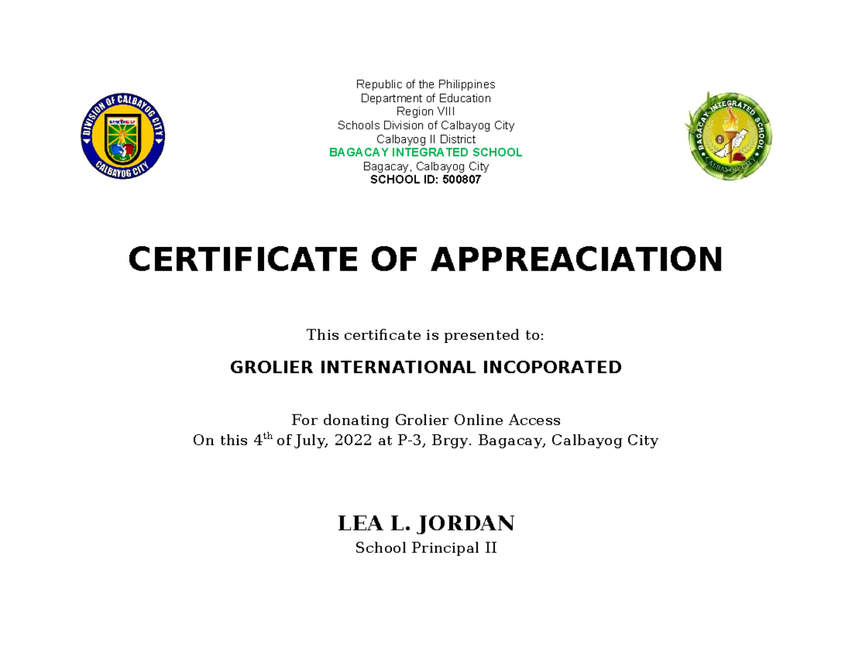 Certificate of Appreciation - Republic of the Philippines Department of Education Region VIII ...