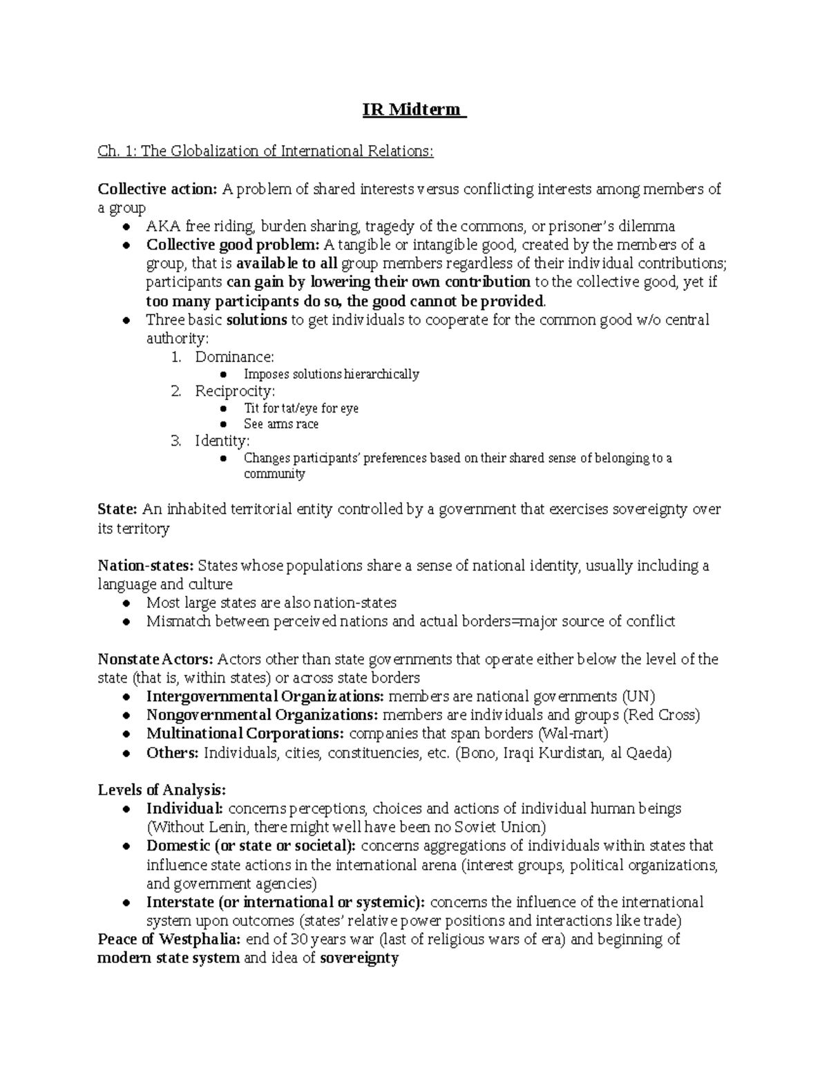 IR Midterm Review: Key Theories & Concepts for Final Exam Prep - Studocu