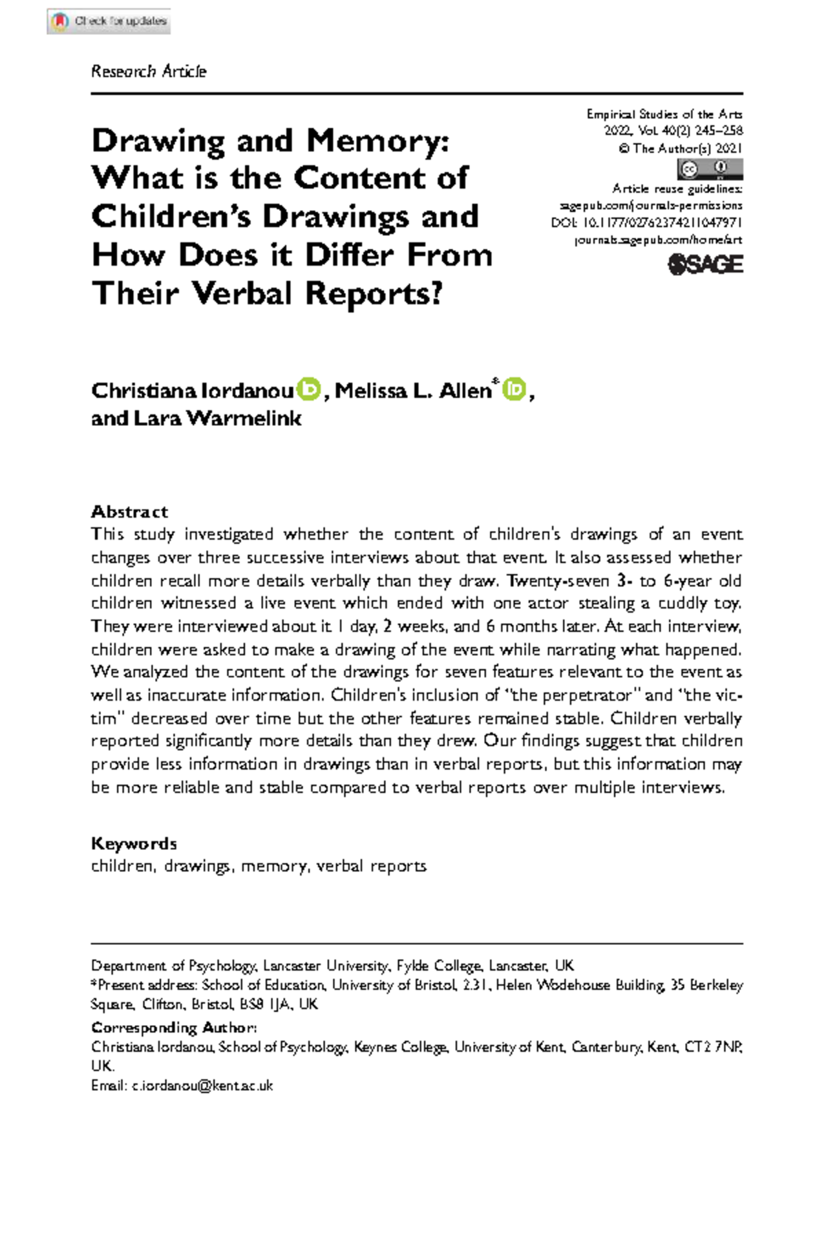 Drawing and Memory: Analyzing Children's Drawings vs. Verbal Reports ...