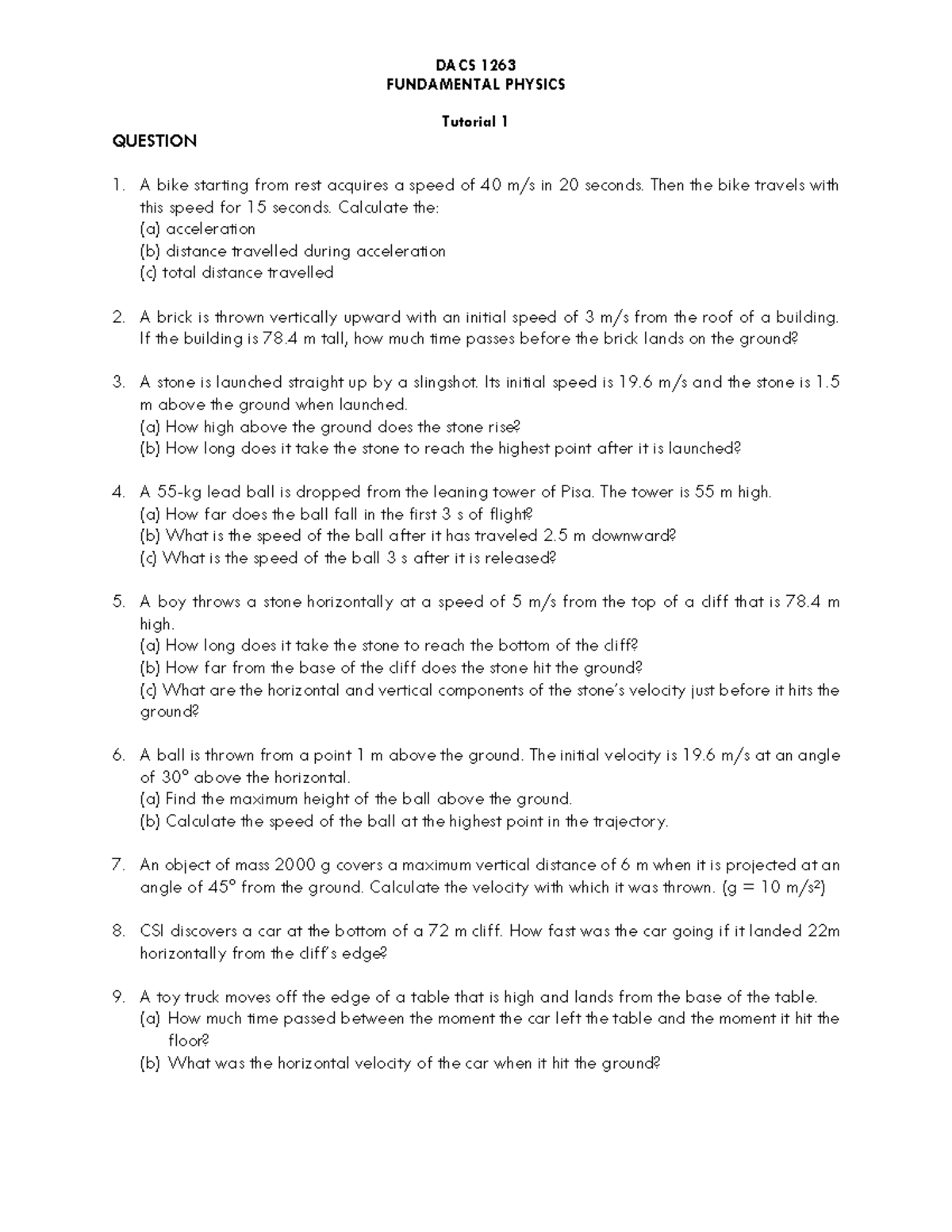 Tutorial 1 - tuto 1 - DACS 1263 FUNDAMENTAL PHYSICS Tutorial 1 QUESTION ...