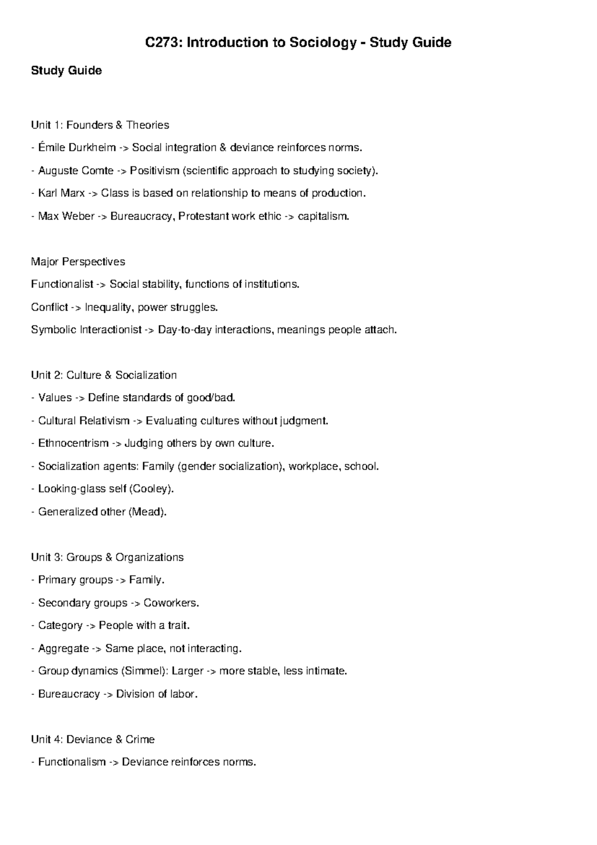 C273: Intro to Sociology Study Guide - Key Concepts & Theories - Studocu