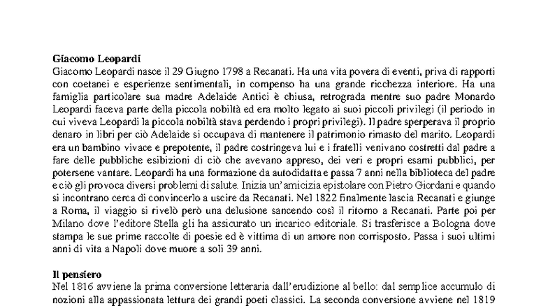 Leopardi: Vita, Pensiero e Poesia - Analisi Completa - Studocu