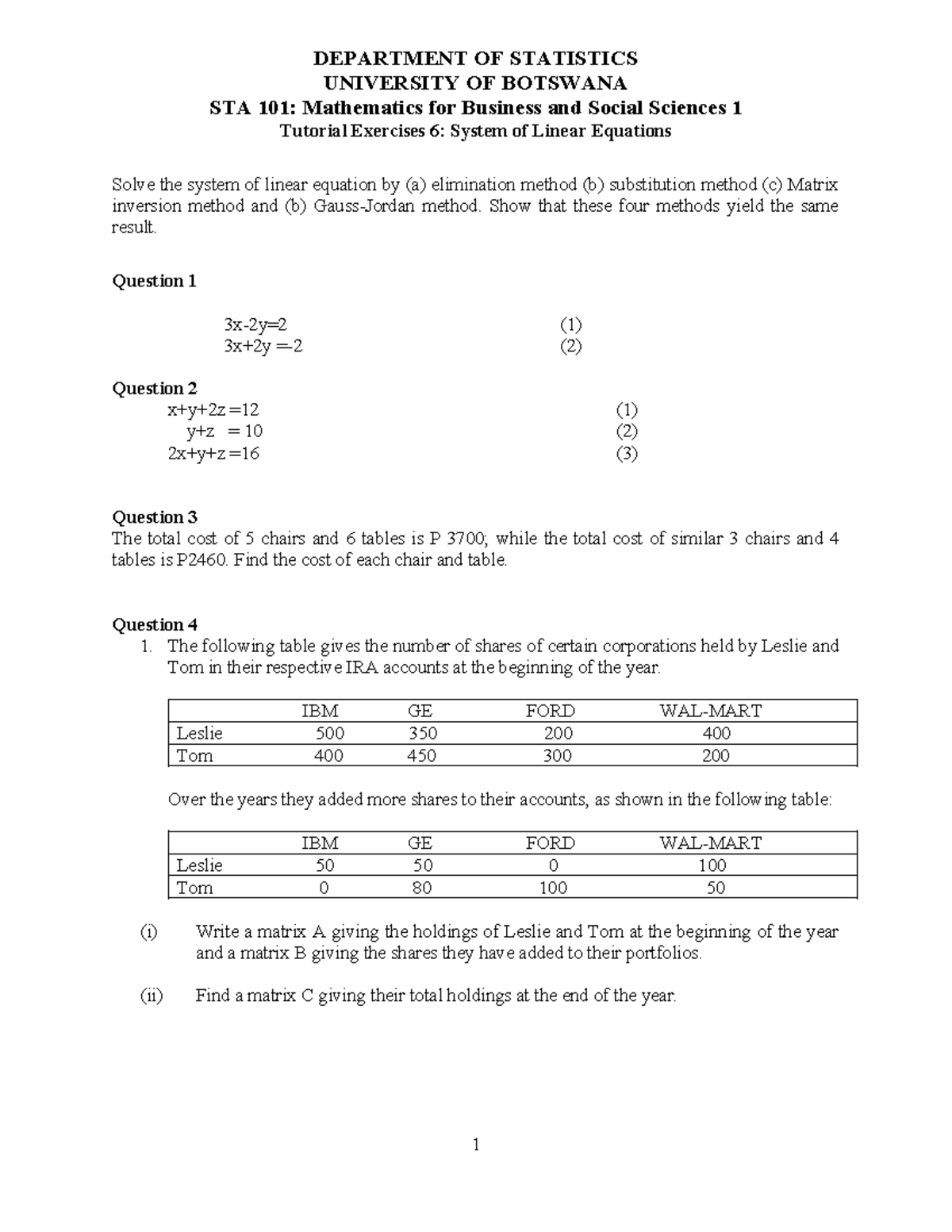 STA 101: Tutorial 4 - Solving Systems of Linear Equations - Studocu