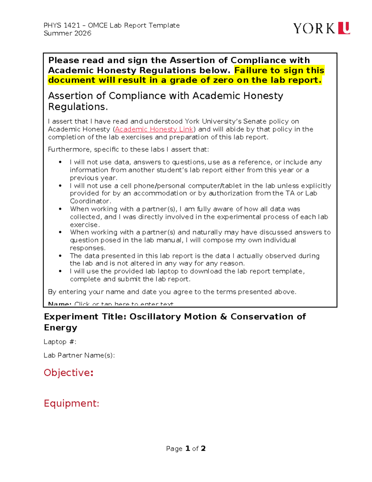 PHYS 1421 OMCE Lab Report Template - Summer 2026 - Studocu