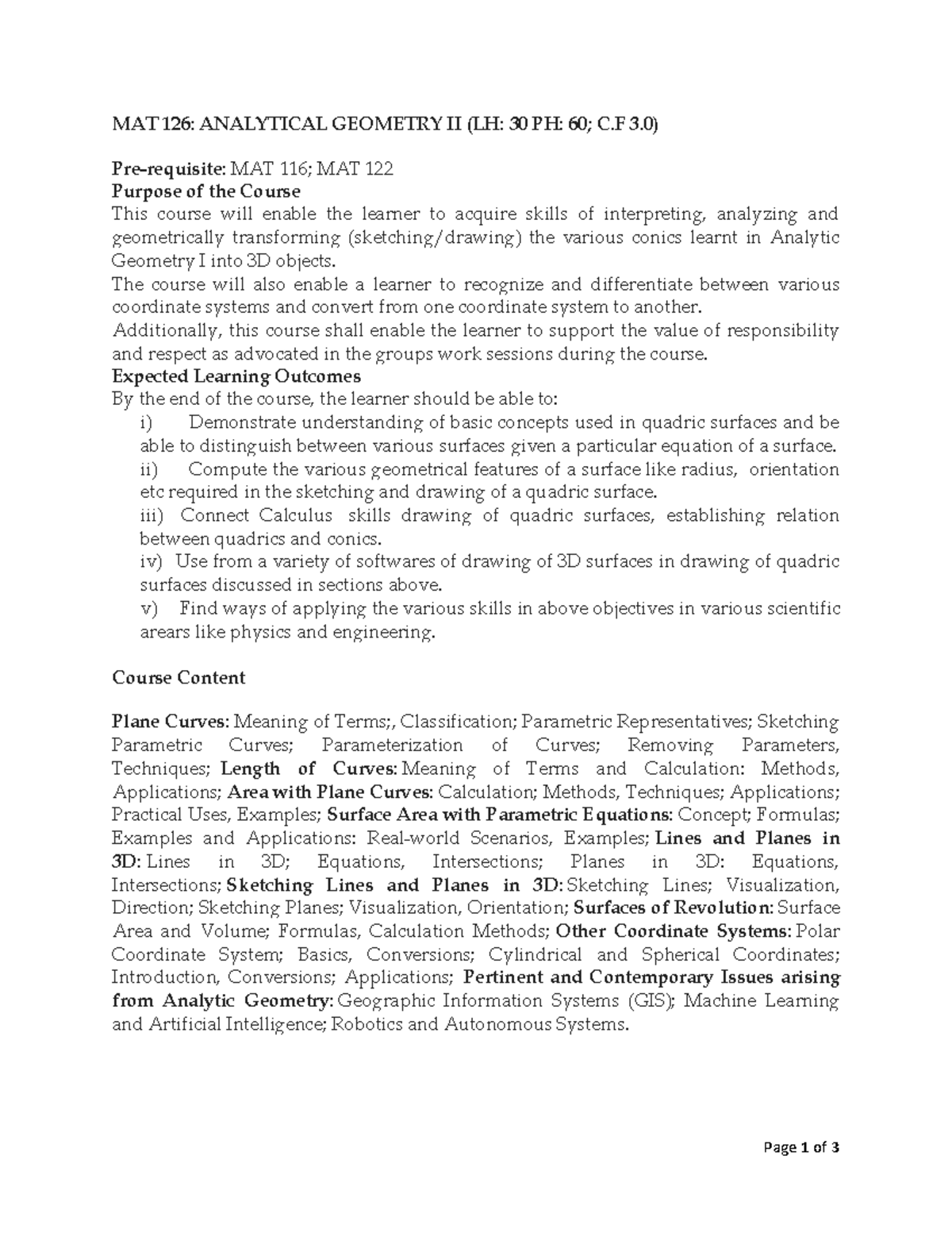 MAT 126 Analytical Geometry II course outline - Page 1 of 3 MAT 126 ...