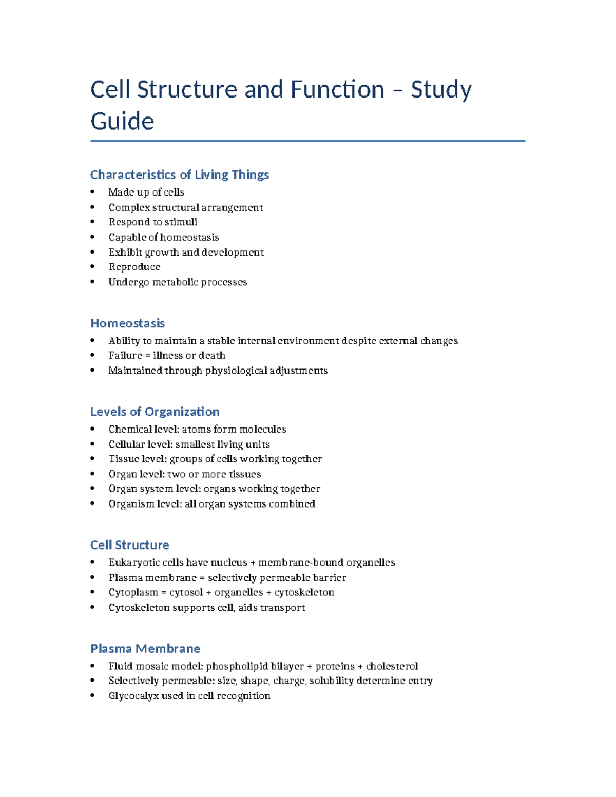 Cell Structure and Function Study Guide - Bio 101 Notes - Studocu