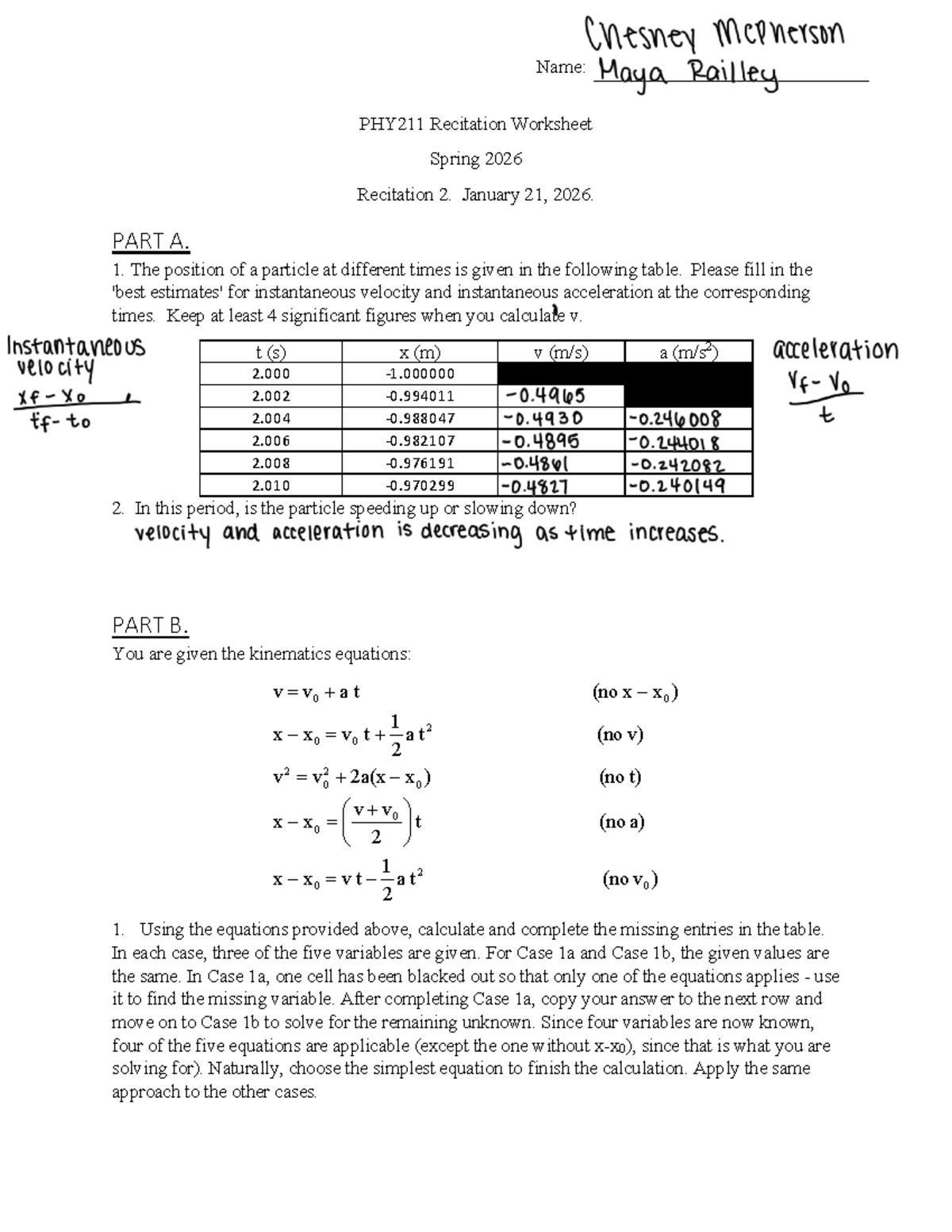 PHY211 Recitation 2 Worksheet - Kinematics & Velocity Calculations ...