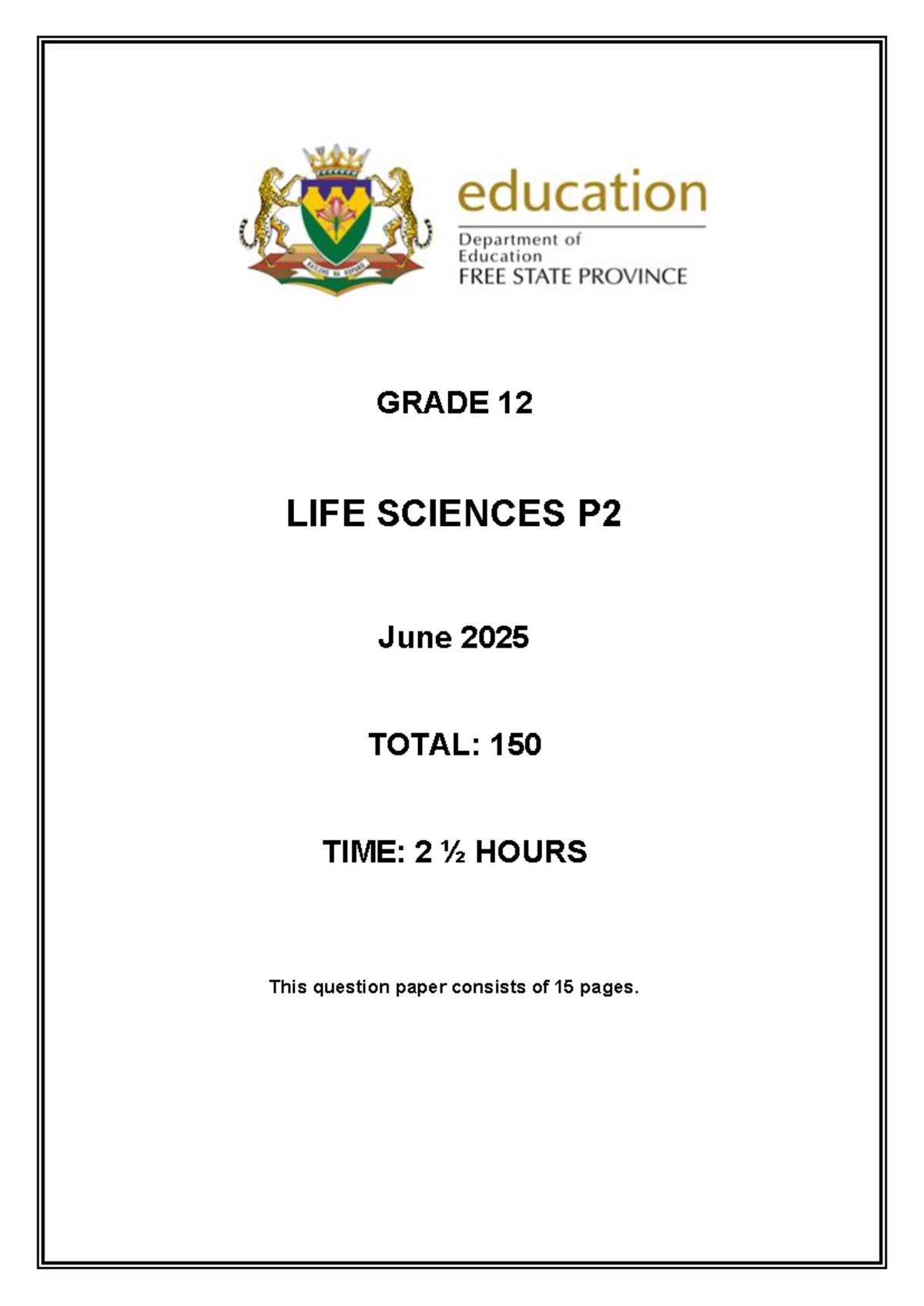 LFSC Gr 12 Life Sciences P1 June Exam 2025 Question Paper - Studocu