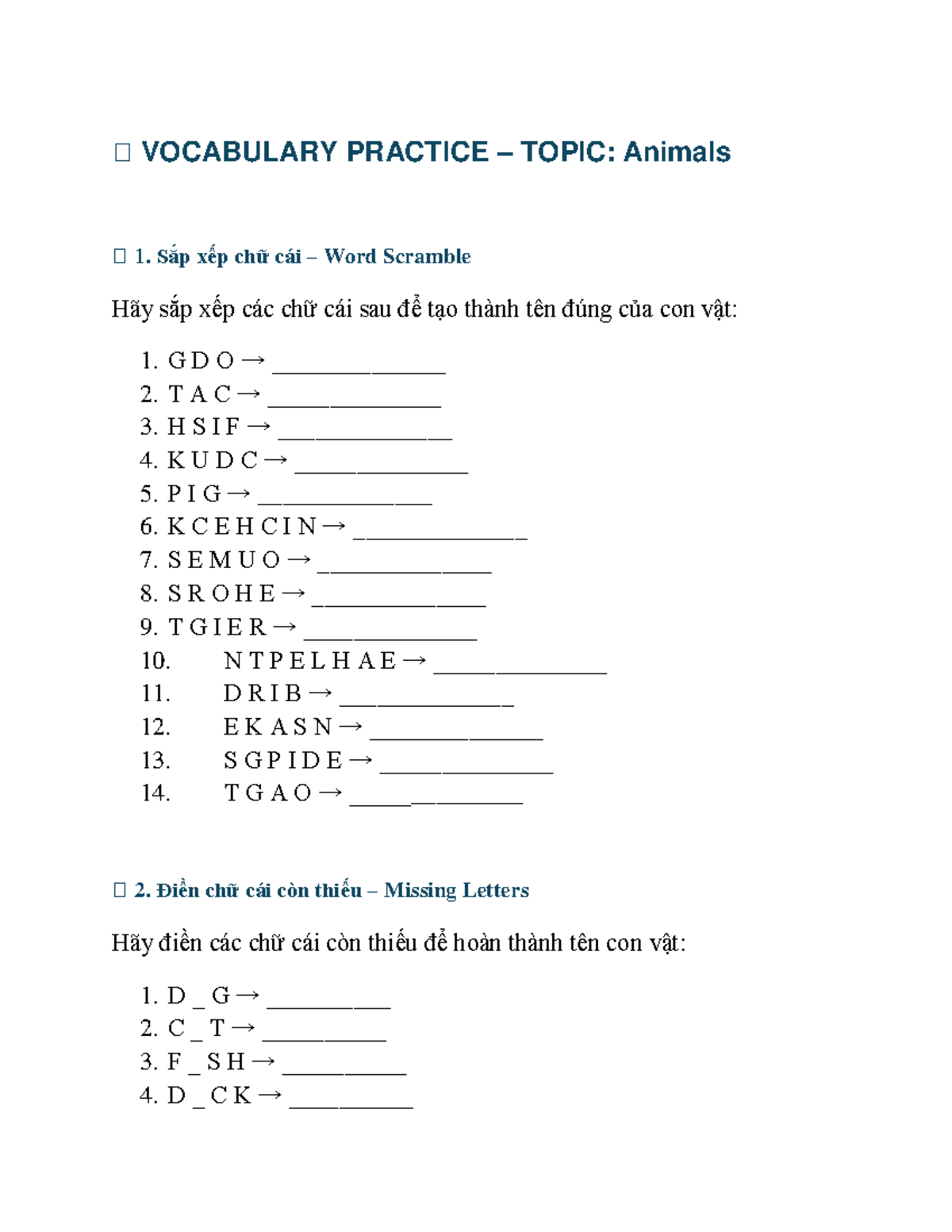 Animals Vocabulary Practice: Word Scramble & Missing Letters - Studocu