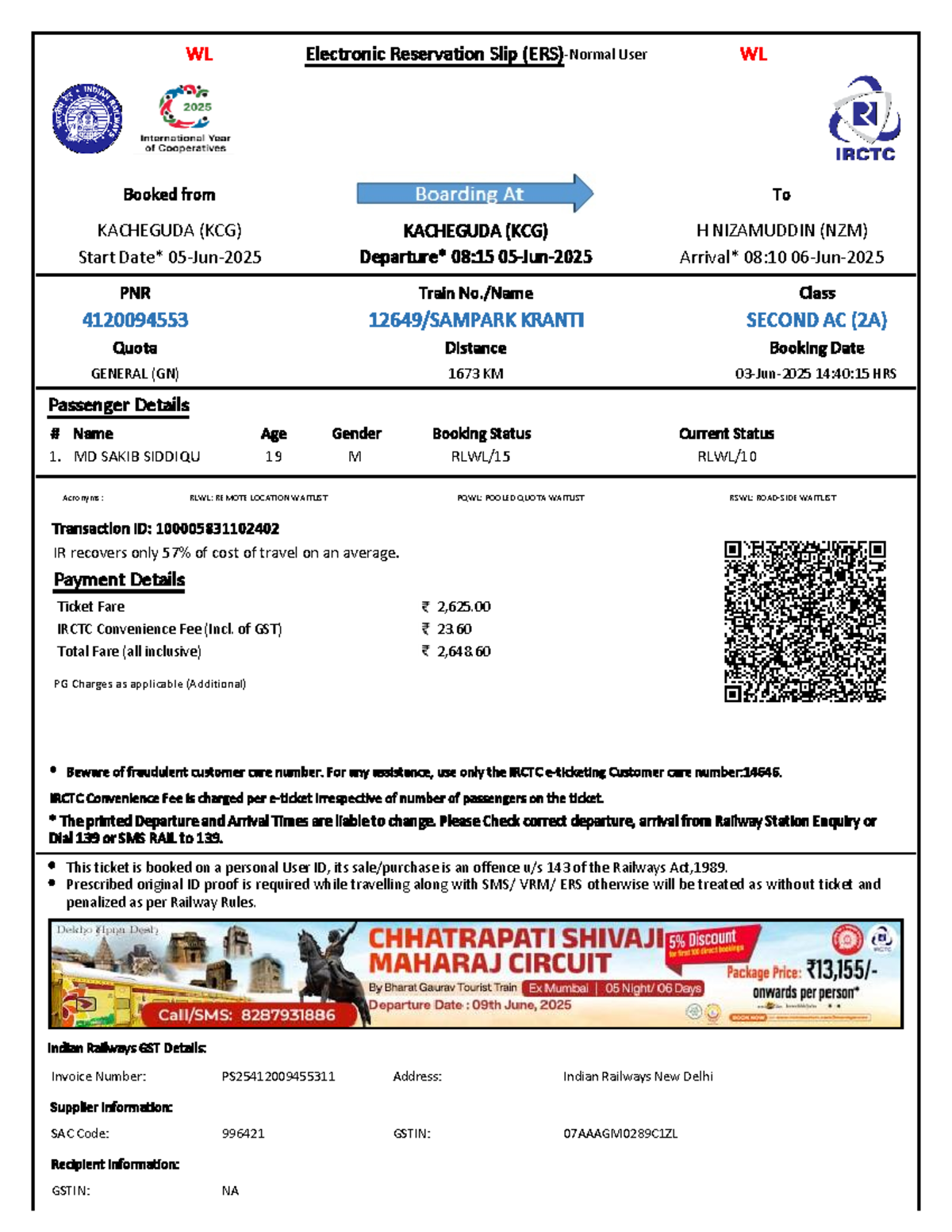 WL Electronic Reservation Slip for Train KCG to NZM - PNR 4120094553 ...