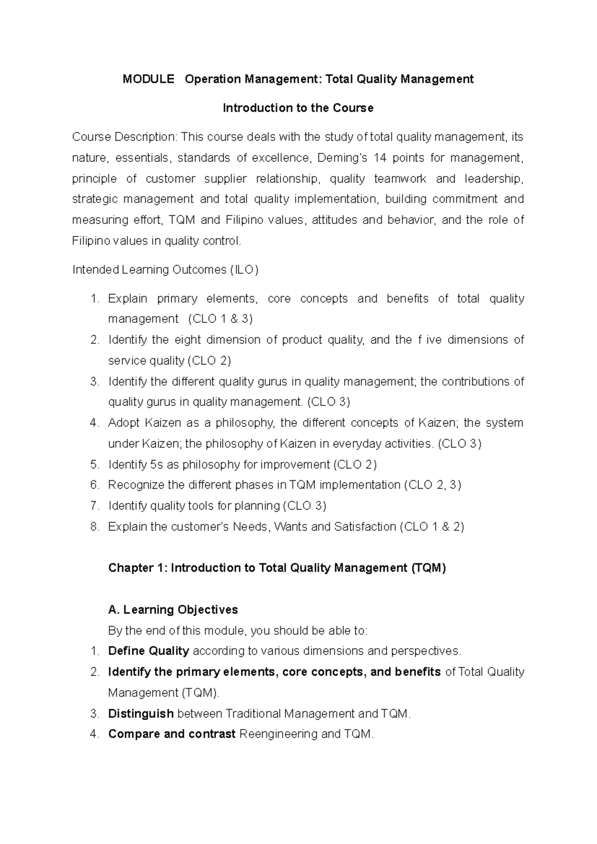 Operations Management: TQM Module Overview and Key Concepts - Studocu