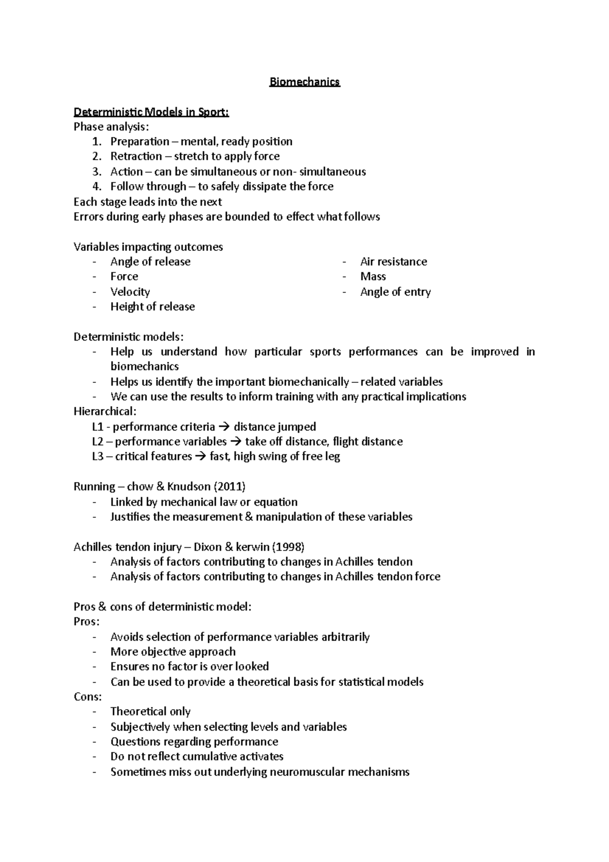 Biomechanics Lecture Notes (BIO 101): Deterministic Models and Insights ...