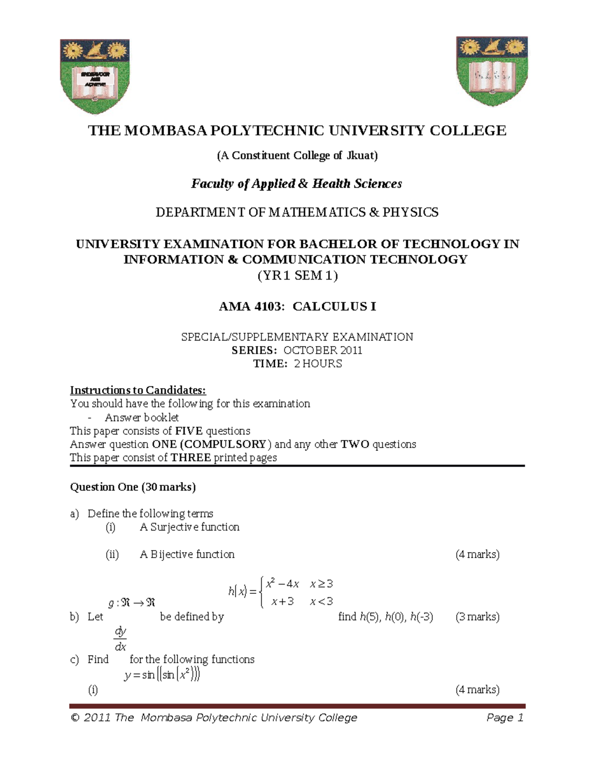 AMA 4103: Calculus I Exam Paper - October 2011 - Studocu