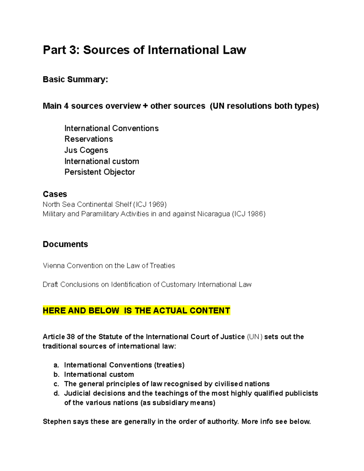 Part 3: Overview of International Law Sources and Key Cases - Studocu