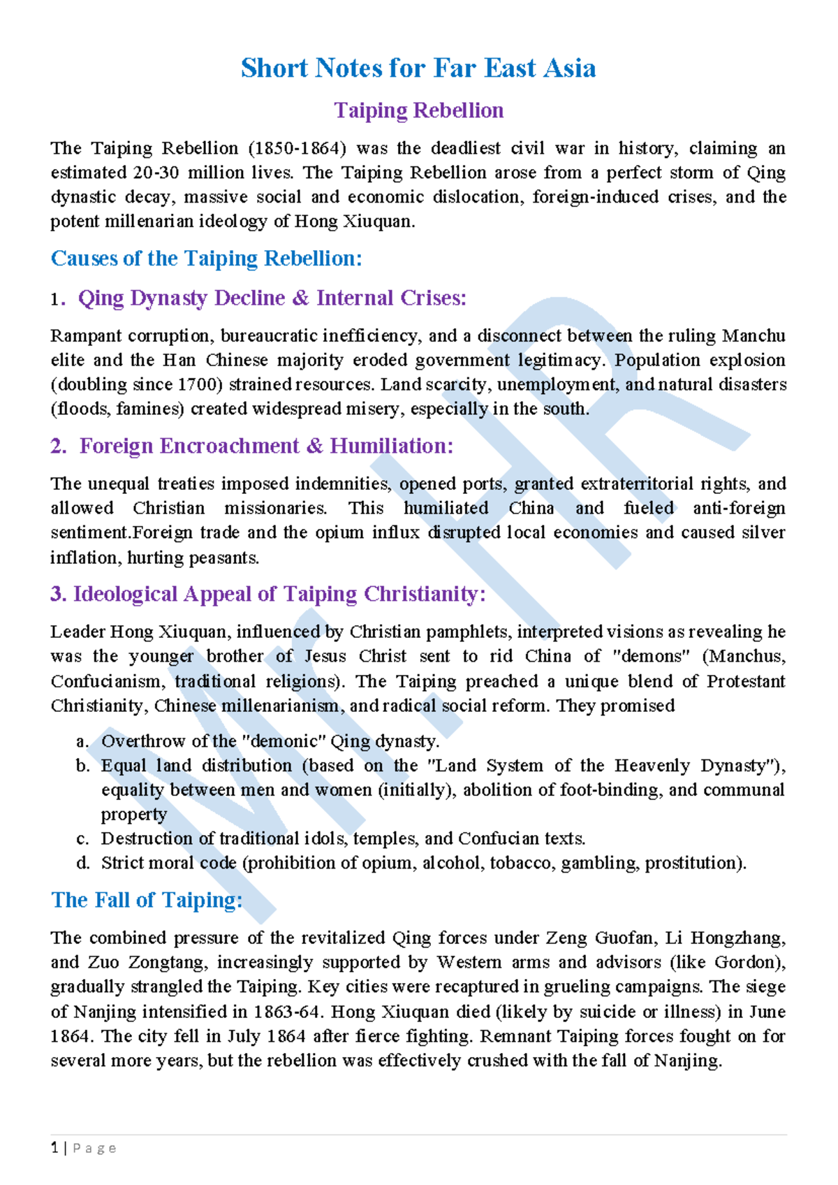 Short Notes on the Taiping Rebellion & Meiji Constitution (HIST 101 ...