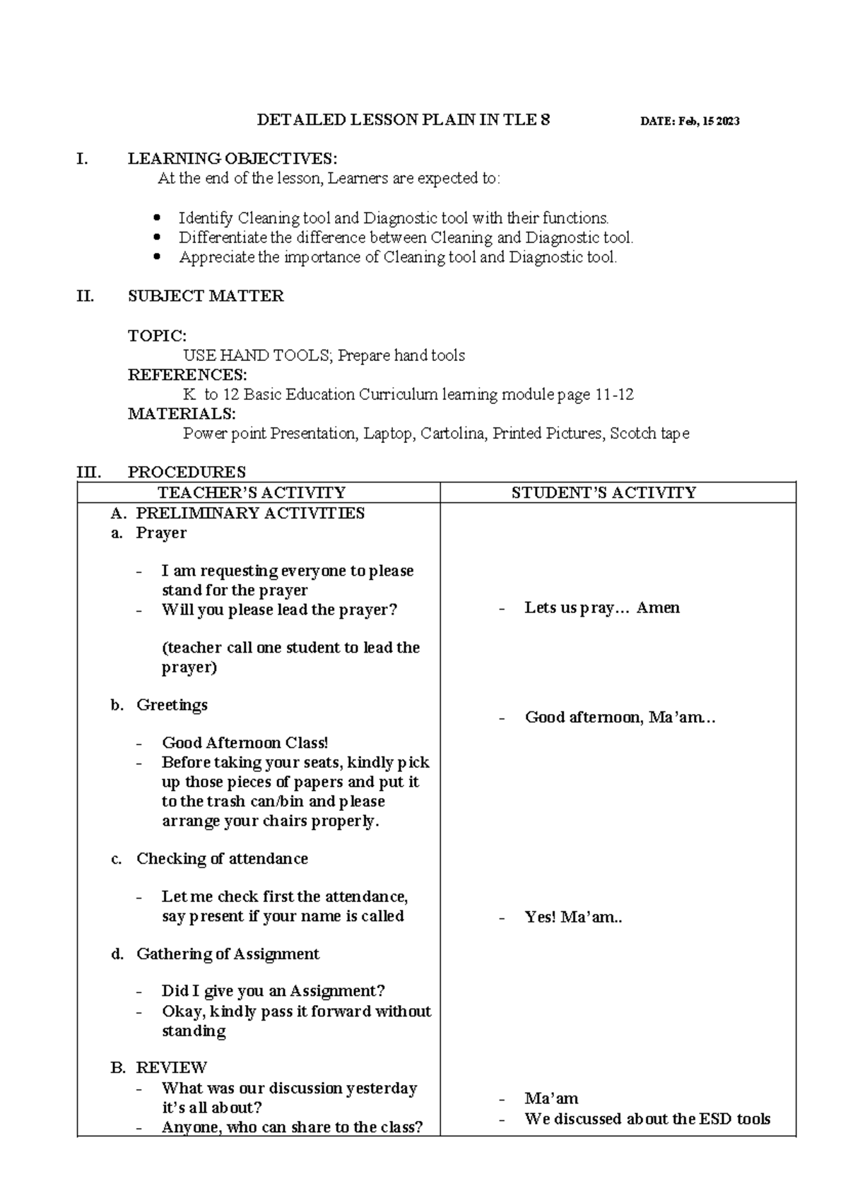 TLE 8 - Lesson Plan on Hand Tools & Cleaning/Diagnostic Tools - Studocu