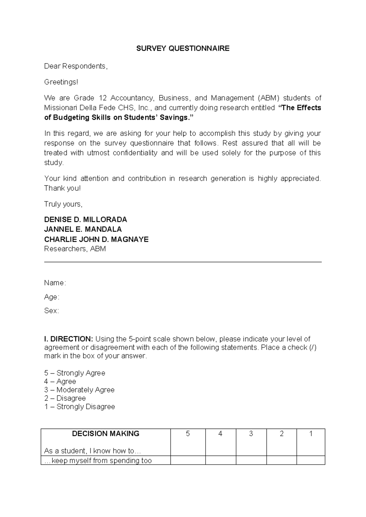 Questionnaire- Latest-2 - SURVEY QUESTIONNAIRE Dear Respondents ...
