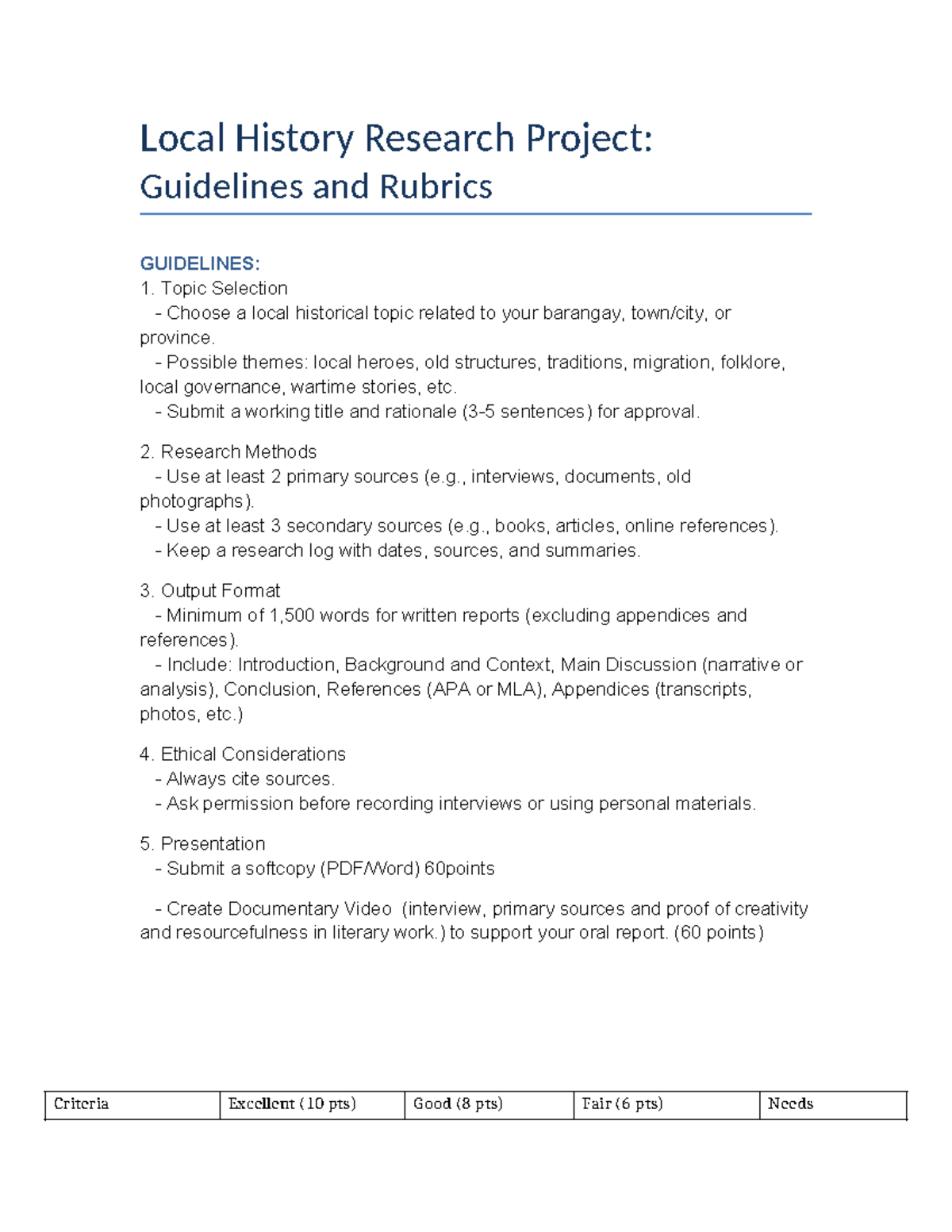 Local History Research Project (Course Code): Guidelines & Rubrics ...