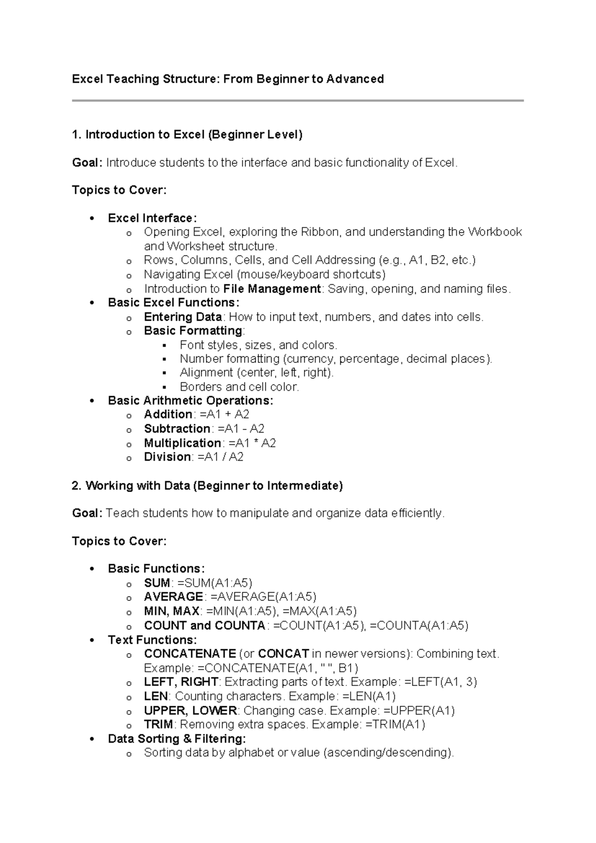 Excel Teaching Structure - Introduction to Excel (Beginner Level) Goal ...
