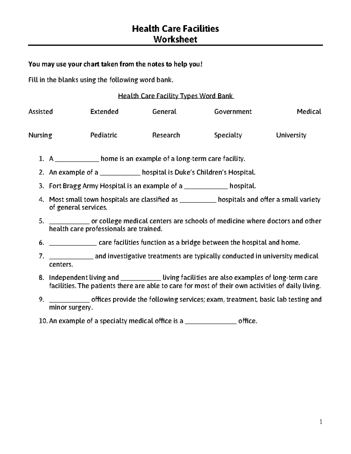 25 HCF WS - Practice worksheet for after taking notes on HC facilities ...