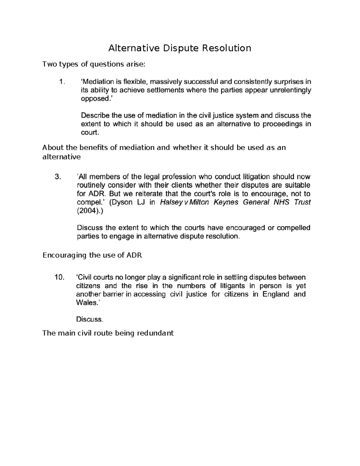 Document 5 - practice questions - Alternative Dispute Resolution Two ...