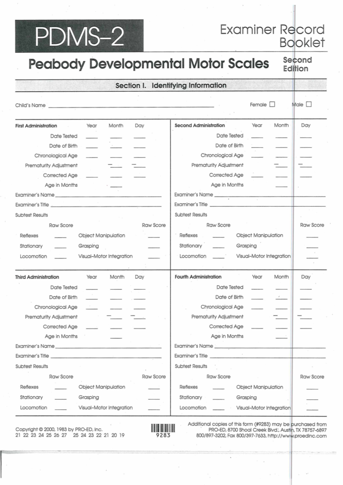 PDMS-2 Examiner's Record Booklet: Child Assessment p1-18 - Studocu