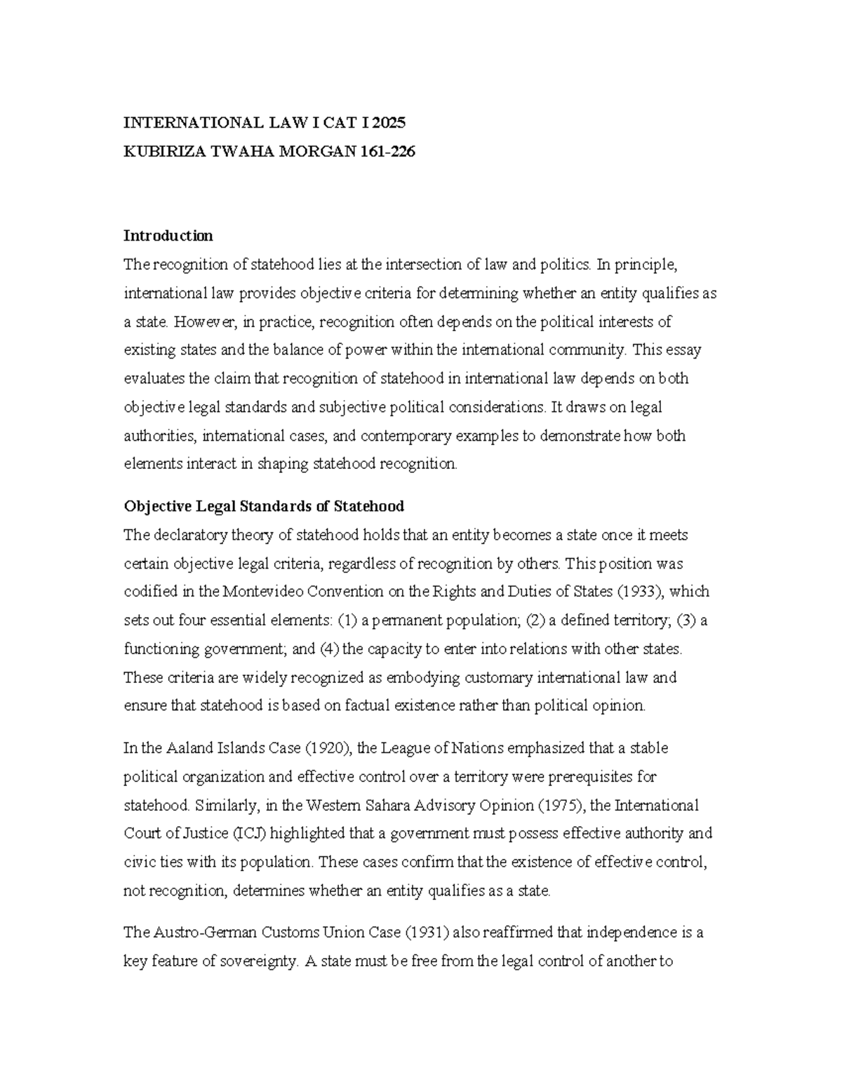 INTERNATIONAL LAW I CAT I 2025: Statehood Recognition Analysis - Studocu