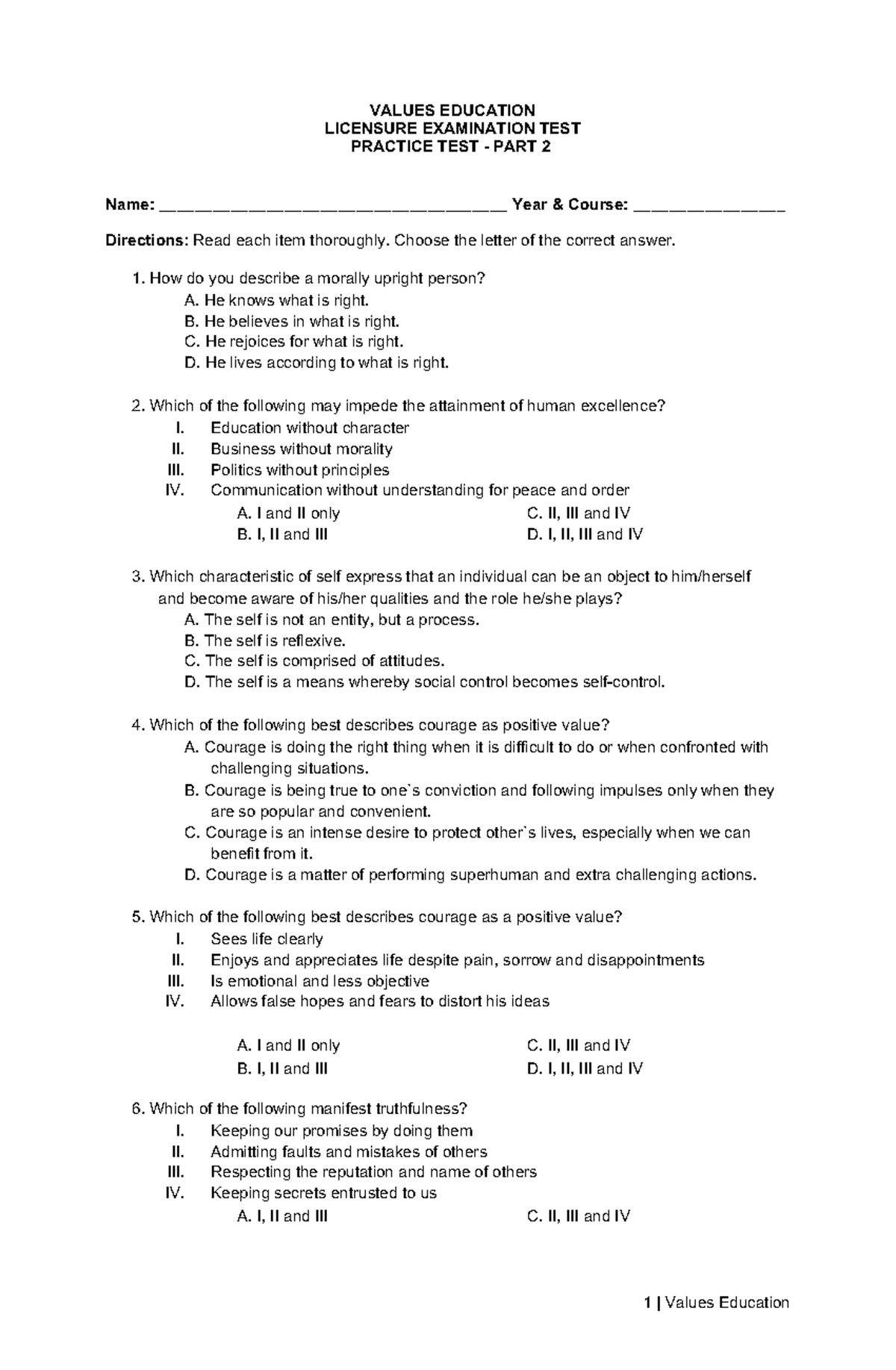 LET Practice Test 2: Values Education Examination Questions - Studocu