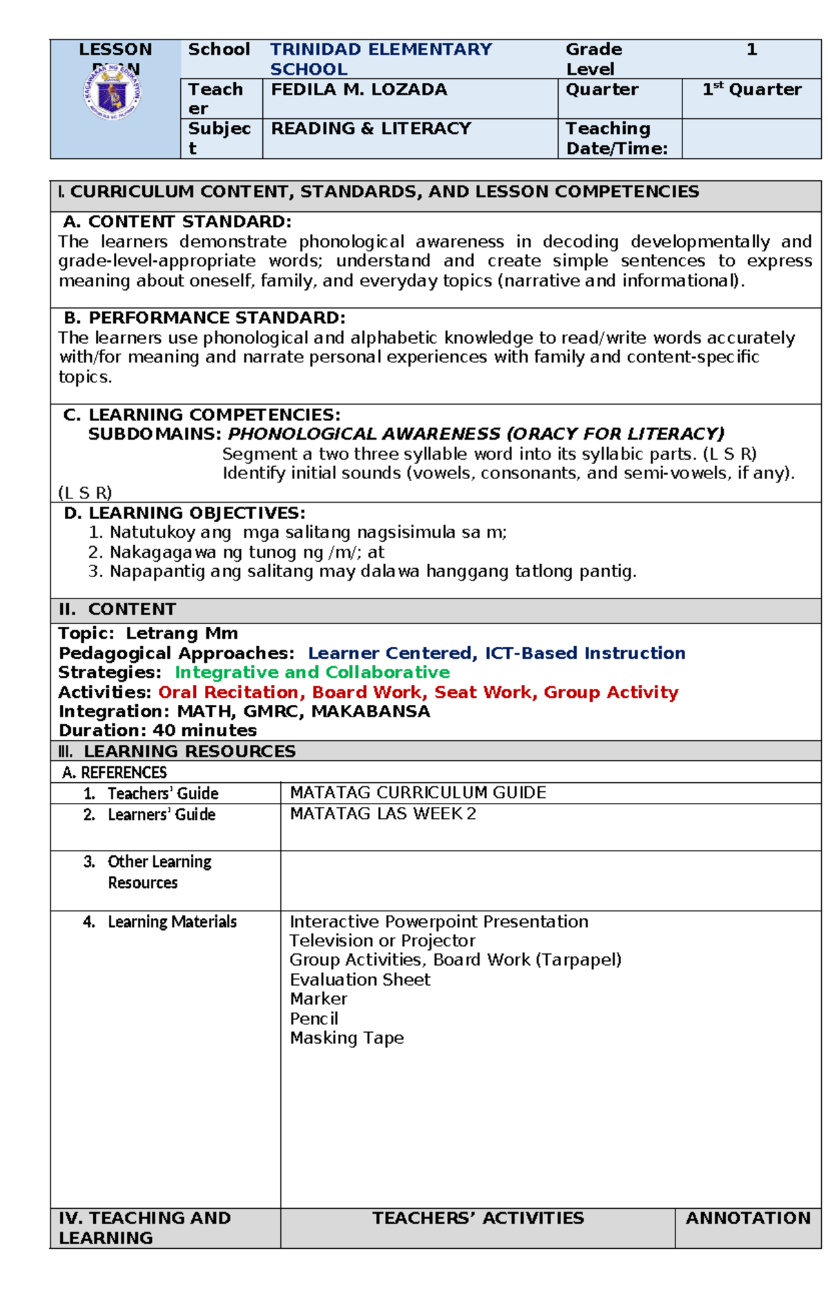 COT Lesson Plan: Reading & Literacy for Grade 1 - Quarter 1 - Studocu