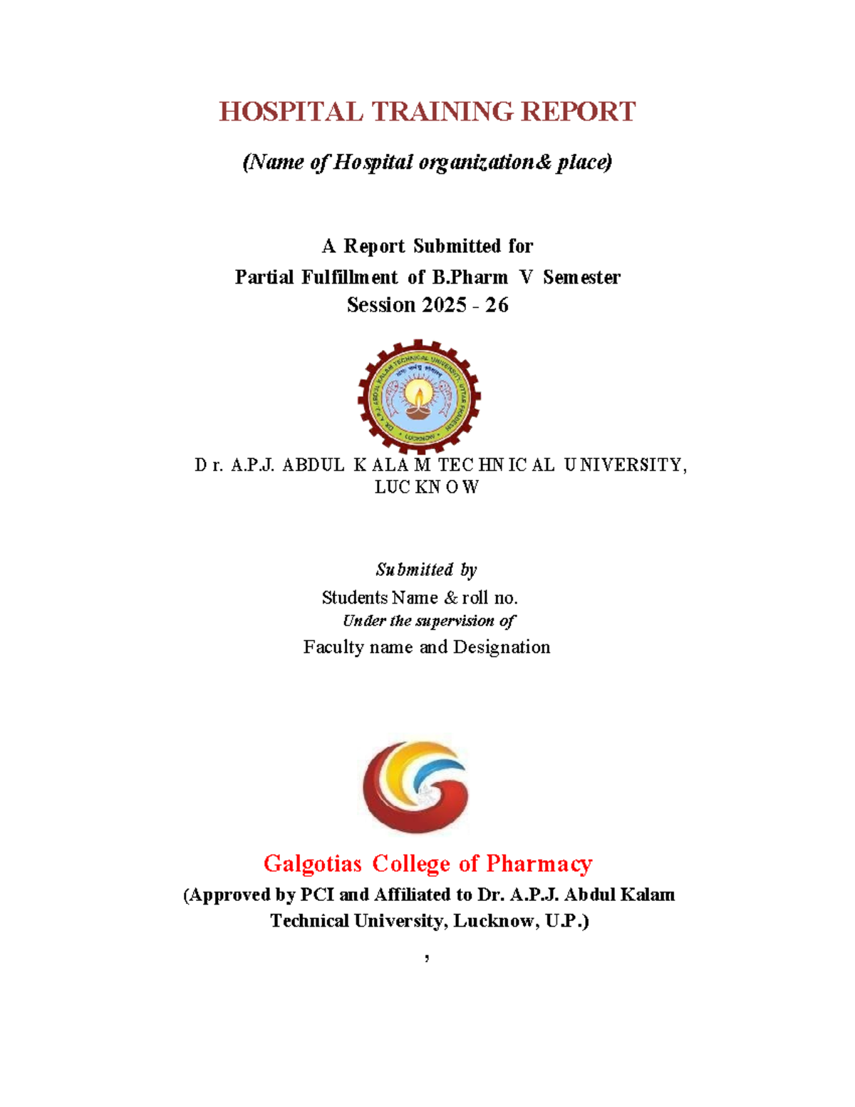 HOSPITAL TRAINING REPORT FORMAT - B.Pharm V Sem 2025-26 - Studocu
