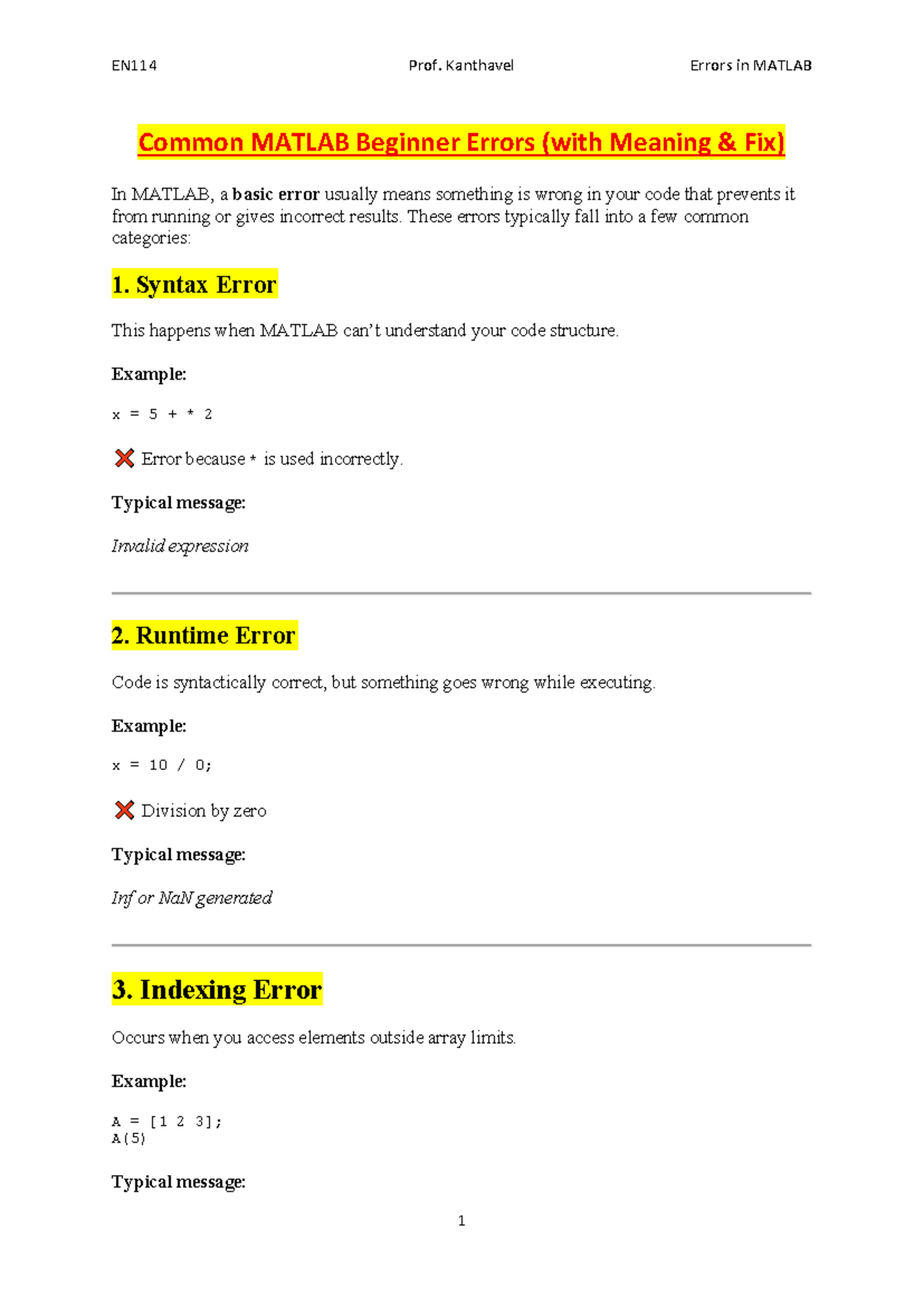 EN114 MATLAB Errors Guide - Studocu