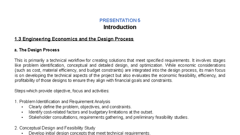 Engineering Economics and Design Process Overview (ECO 5) - Studocu