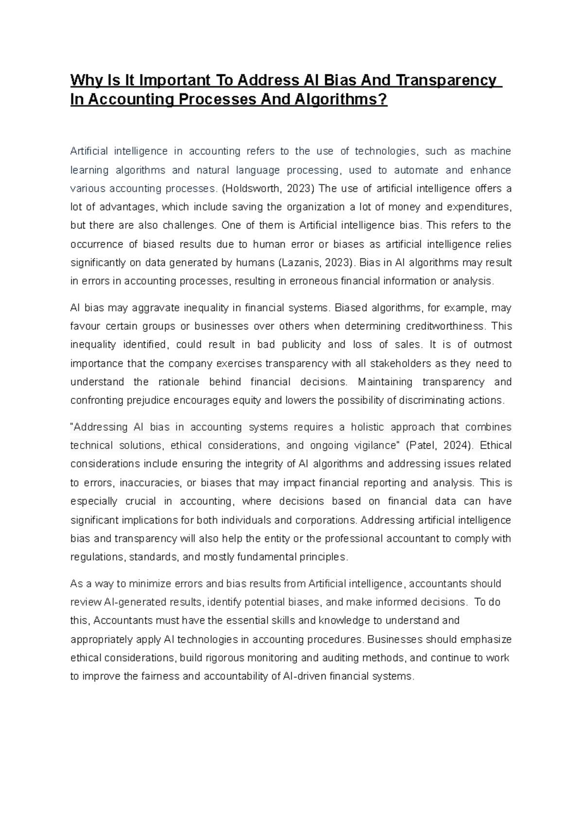 AI Bias and Transparency in Accounting Processes and Algorithms - Studocu