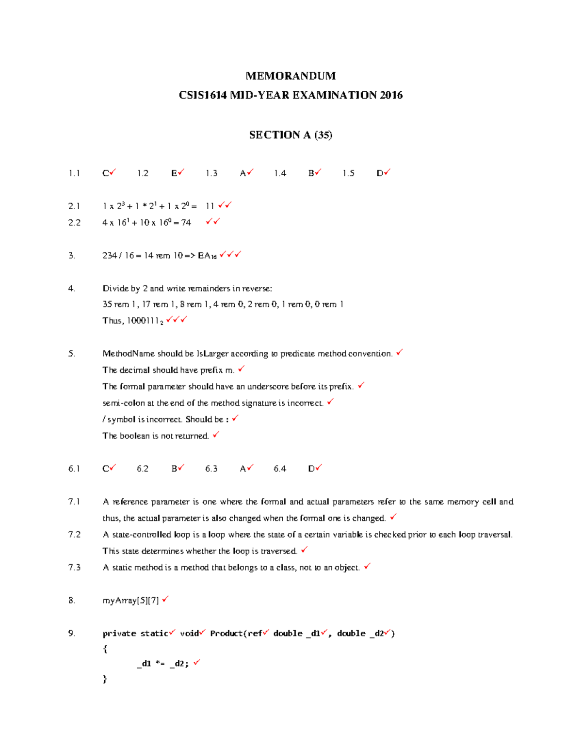 CSIS1614 2016 Examination Memorandum - Sections A & B Analysis - Studocu