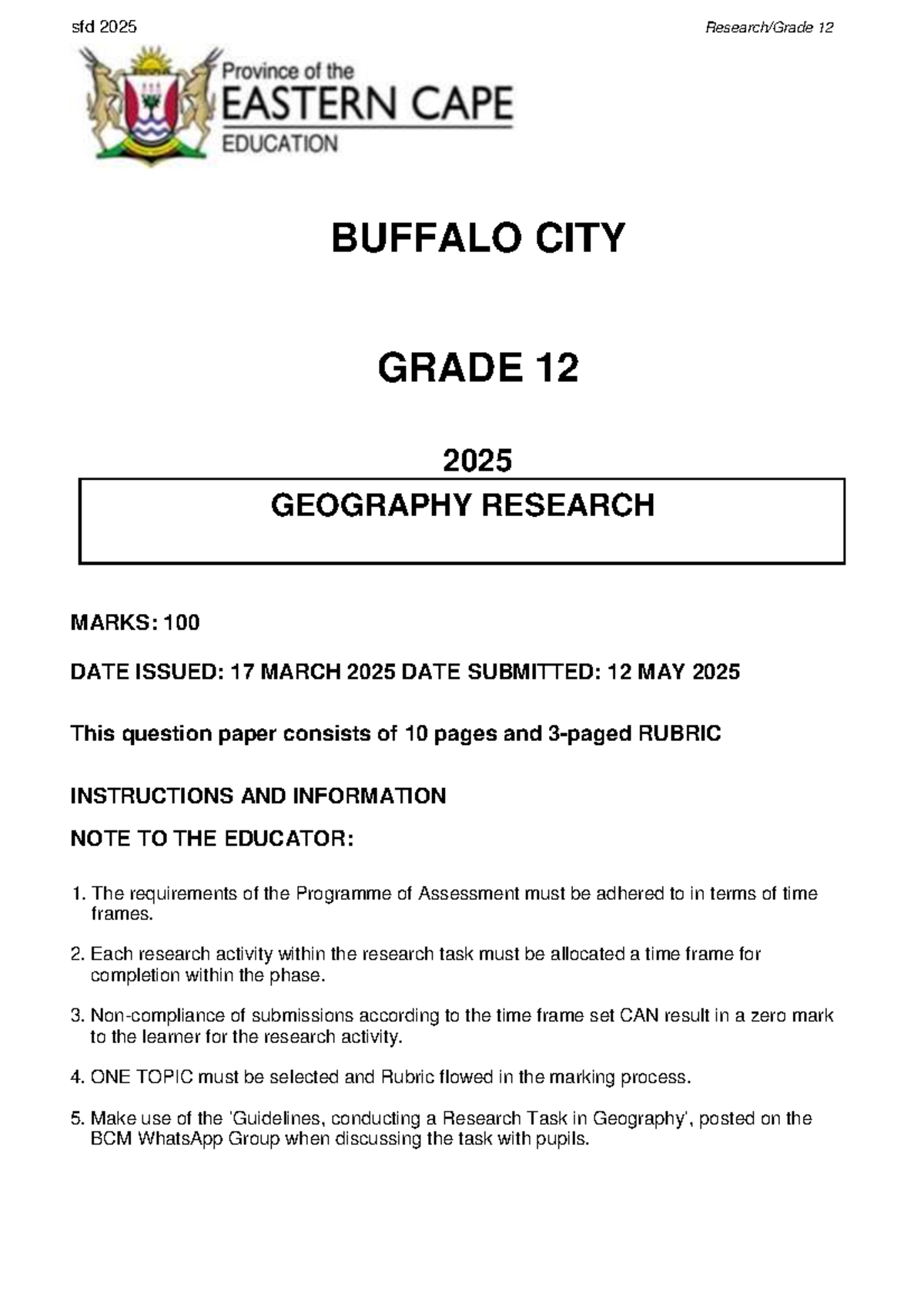Grade 12 Geography Research Project Guidelines (2025) - Studocu