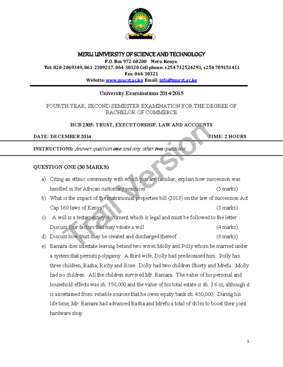 HCB 2305: Trust and executorship exam paper - December 2014 - Studocu