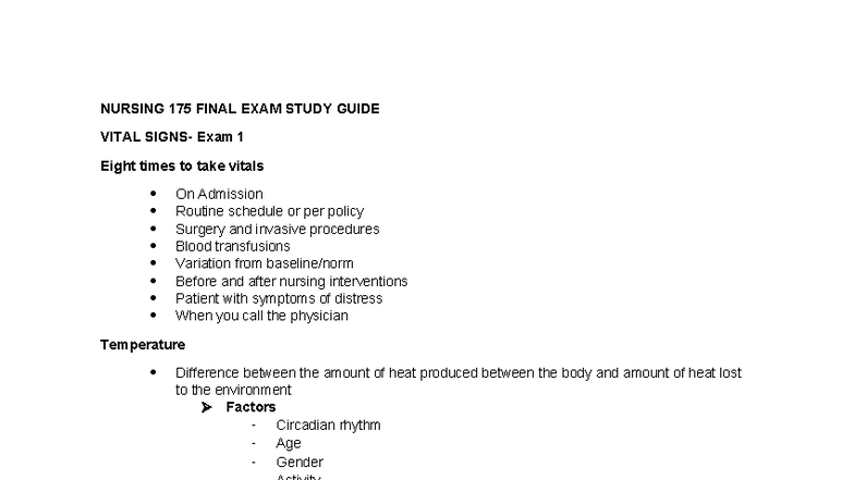 NURSING 175 FINAL EXAM STUDY GUIDE: VITALS & ASSESSMENT - Studocu