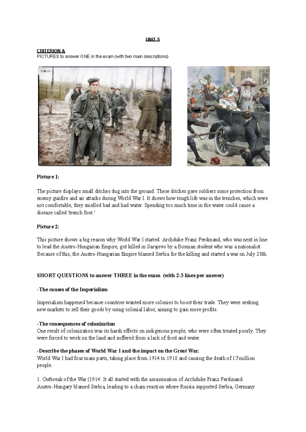 UNIT 5: Exam Prep on WWI Causes, Effects & Key Events - Studocu