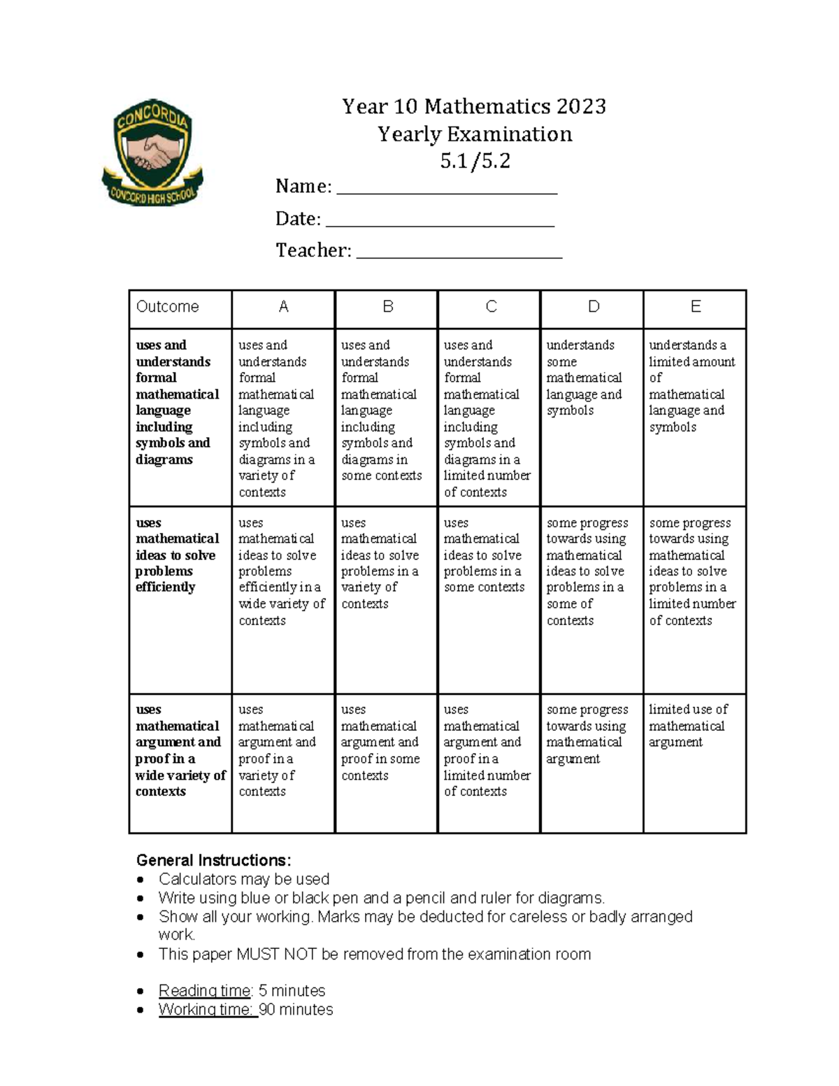 2023 Year 10 Mathematics Final Exam 5.1 & 5.2 Overview - Studocu