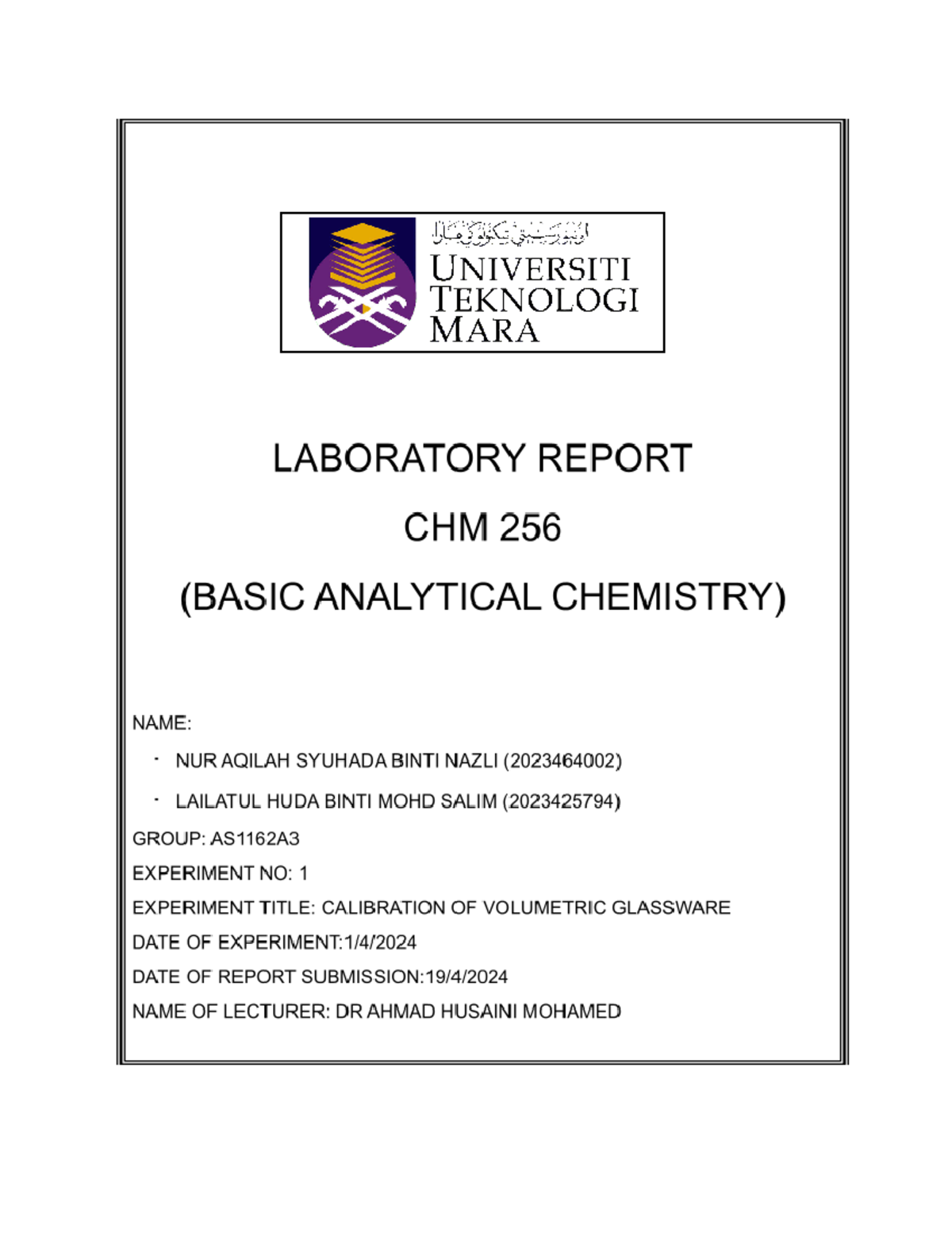 CHM256 LAB Report: Experiment 1 - Calibration of Volumetric Glassware ...