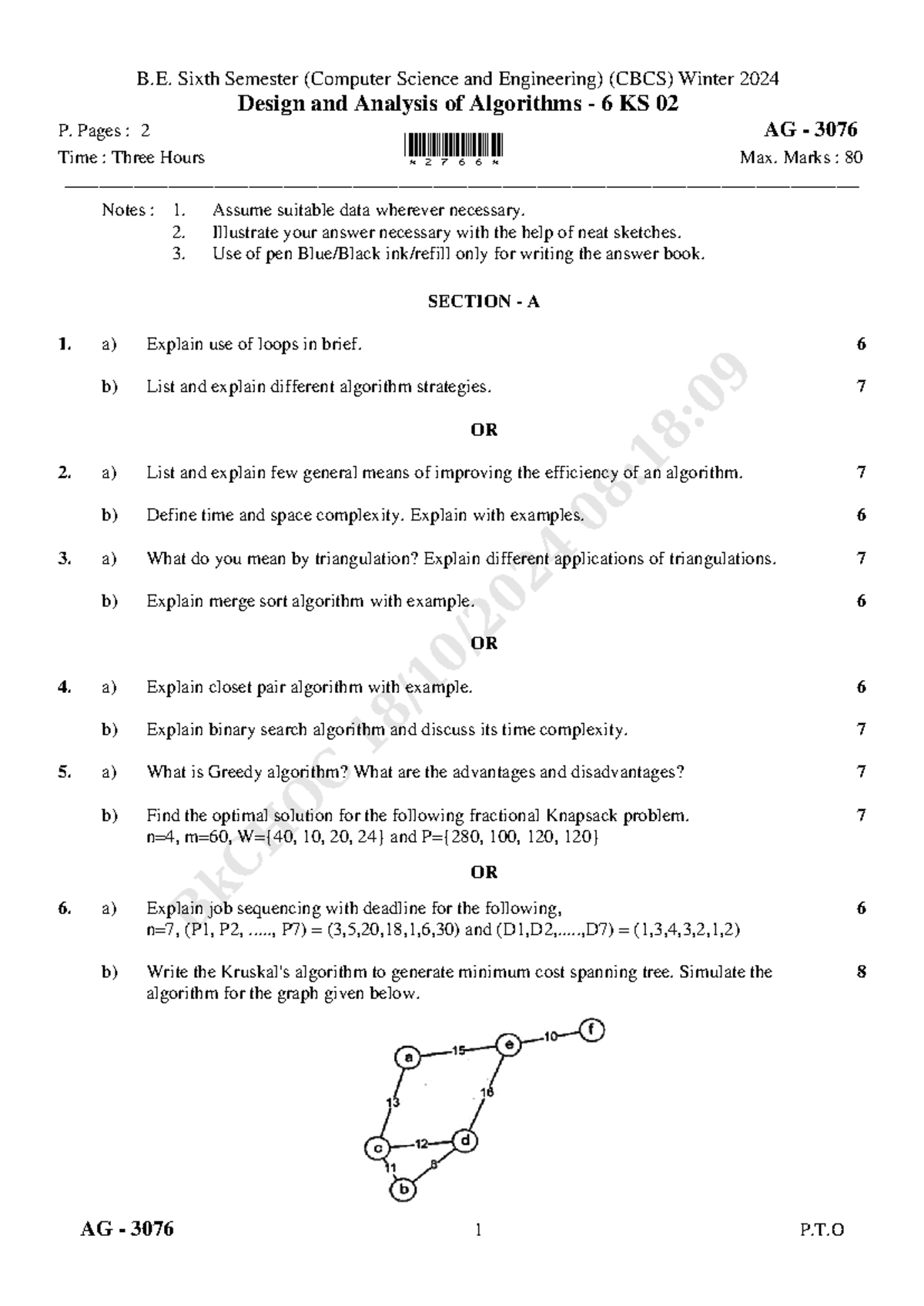 AG 3076 - Design and Analysis of Algorithms - B.E. 6th Sem Winter 2024 ...